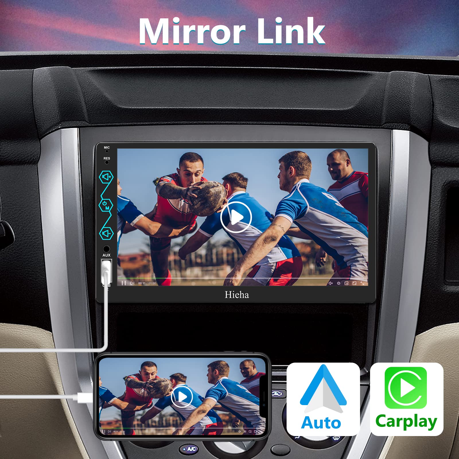Car Stereo Double Din Radio with Backup Camera -Voice Control Apple Carplay & Android Auto, Bluetooth 5.3 Touch Screen Subwoofer Car Audio Receivers, 7 Inch HD MP5 Player with Mirror Link, USB/SD/A/FM