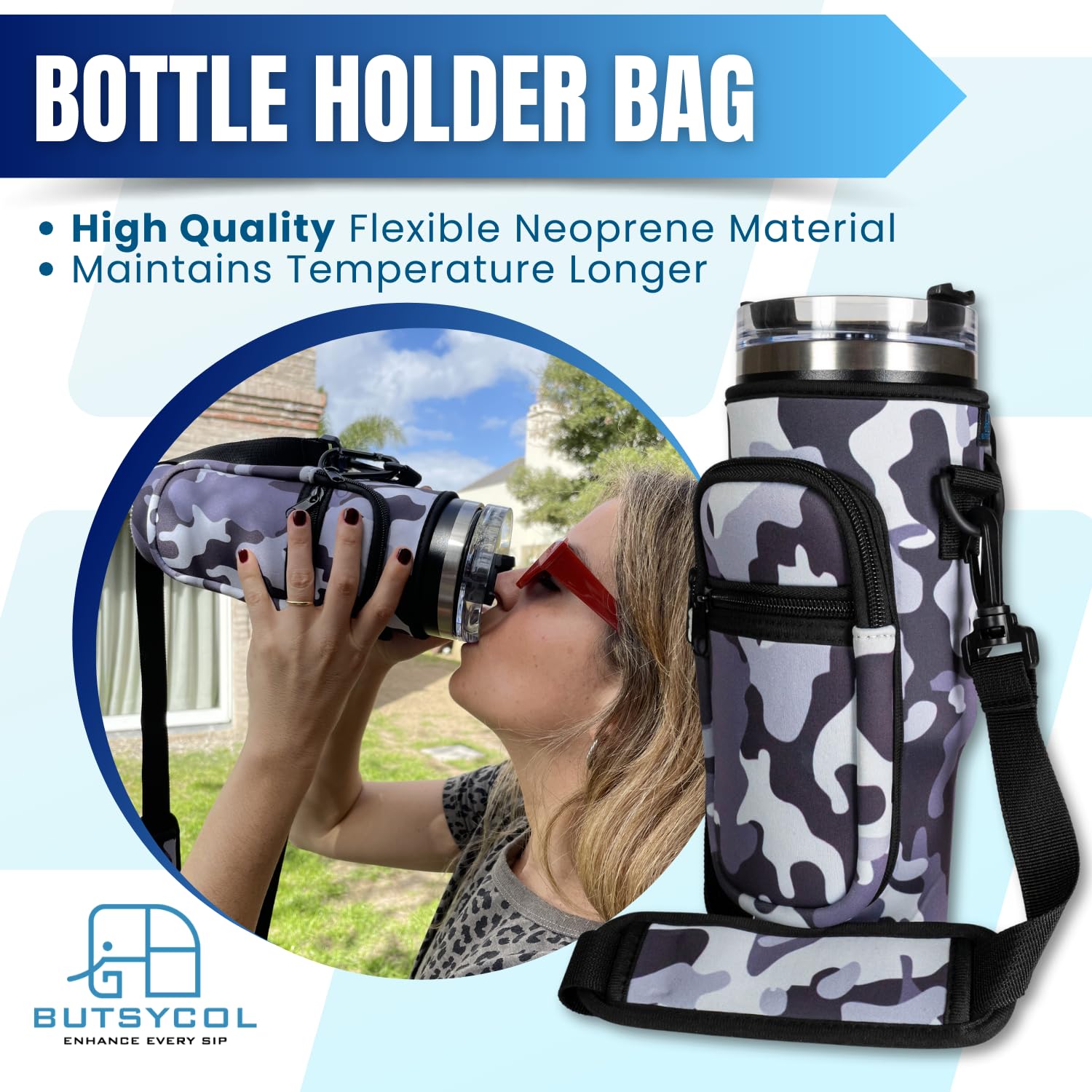BUTSYCOL Water Bottle Bag with Strap, Stanley 40 oz Tumbler with Handle Accessories, Stanley Holder with Strap and Pouch Sleeve for Gym, Stanley Cup Accessories 40 oz (Pink)
