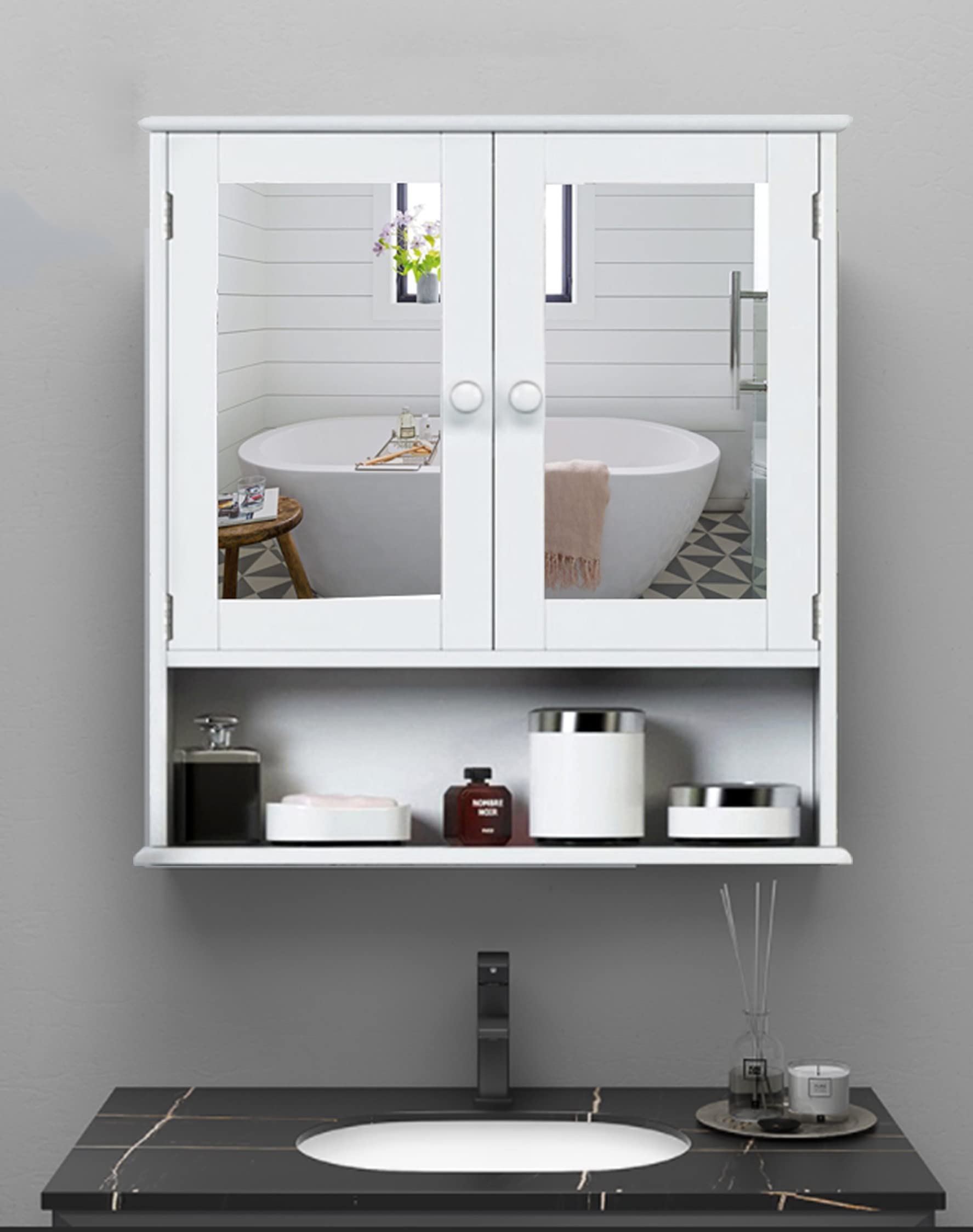 Wall Cabinet, Bathroom Medicine Cabinet with Double Mirror Doors, Wood Hanging Wall Mounted Cabinet with Adjustable Shelf, Storage Cabinet for Laundry Room, Kitchen, White Finish