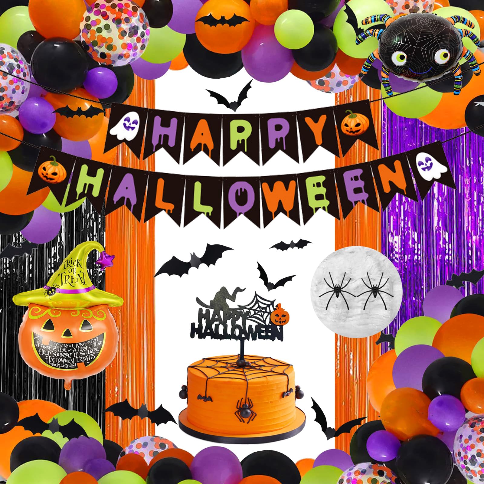 Halloween Party Decorations Happy Halloween Banner Foil Balloon Fringe Curtain Cake Topper Spider Web and 3D Bat, Halloween Party Favors Supplies