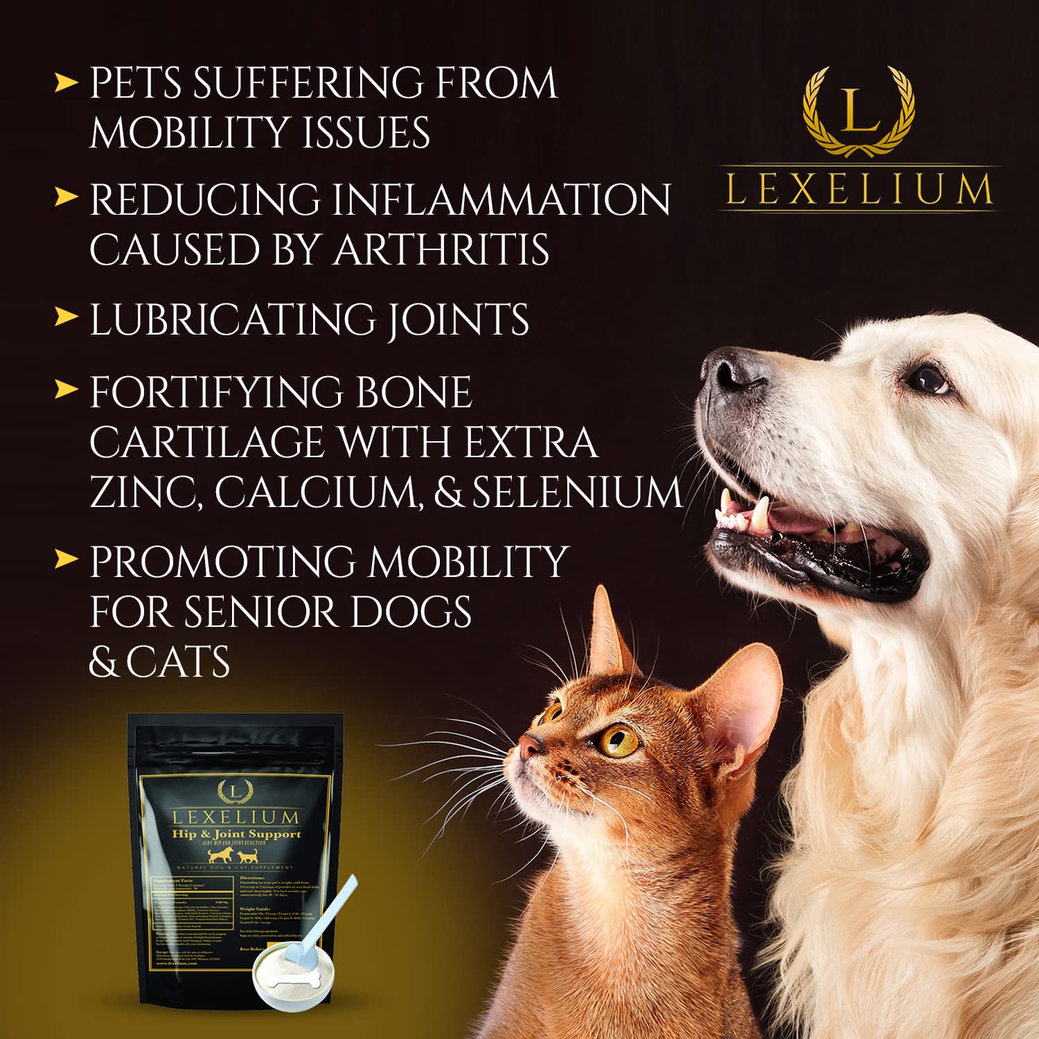 Lexelium Joint Supplement for Dogs & Cats - Chondroitin Sulfate, Turmeric, MSM, Glucosamine & Calcium for Healthy Bones & Optimal Skeletal Function - Optimal Joint Care to Help w/Arthritis- 200g