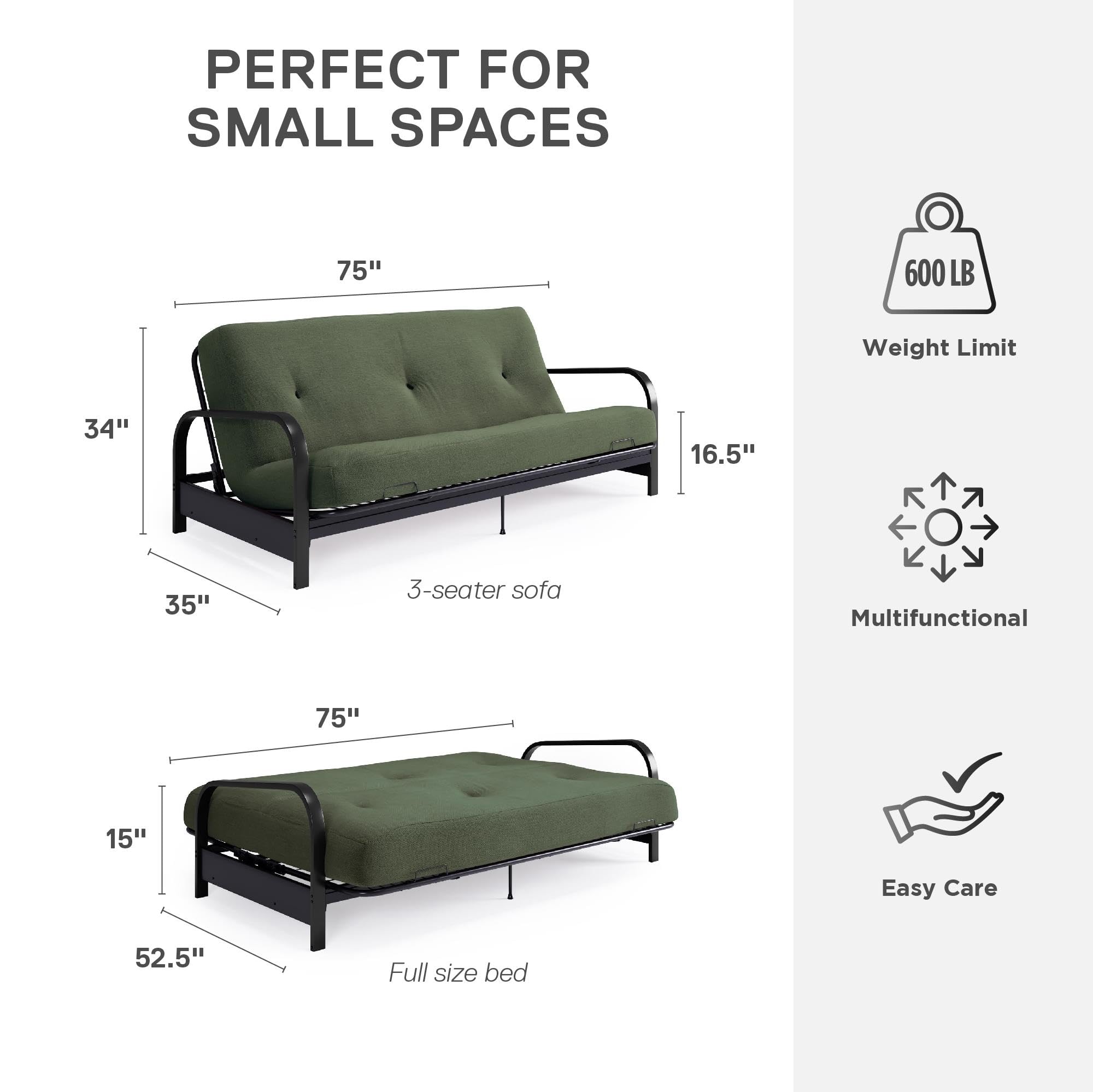 DHP Brax Black Metal Arm Full Size Frame with 6” Thermobonded High Density Polyester Fill Futon Mattress