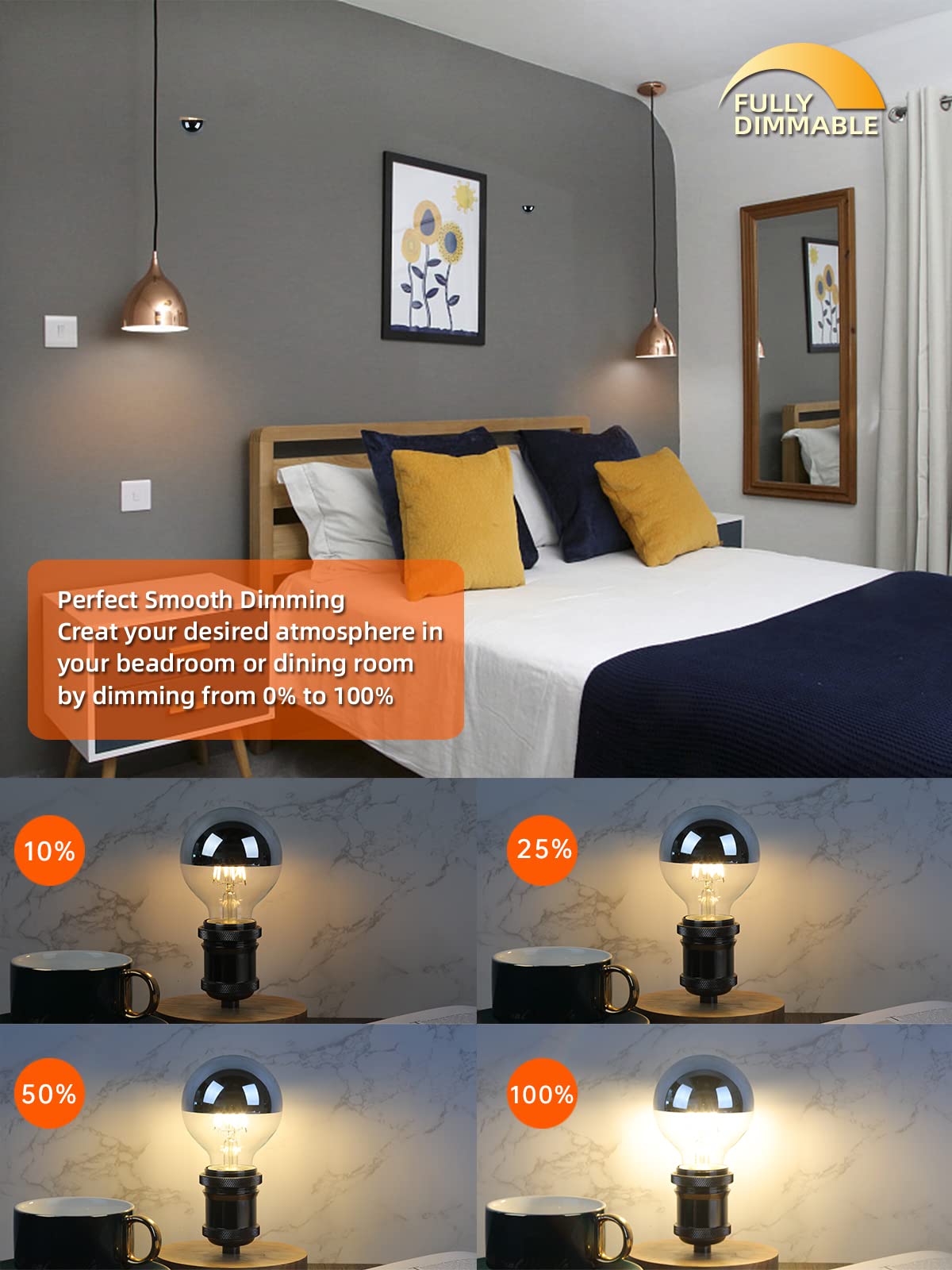OMED 60w Equivalent Half Chrome Led 4 Pack Lights | 6Watt G25/G80 Silver Bowl Globe Shape LED Blub | Warm White 2700K Medium E26 Base Dimmable LED Filament 600 Lumens Vintage Bulb