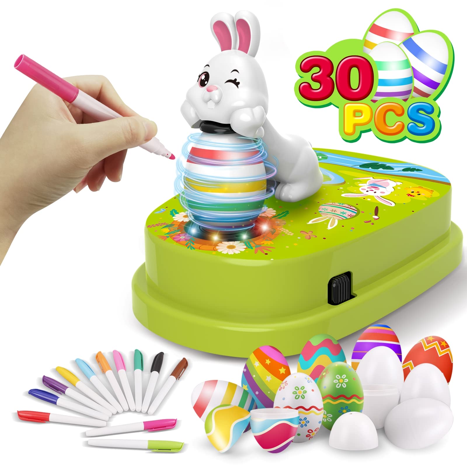 Engfa 30 PCS Easter Eggs and 12 Dying Markers Egg Decorating Kit, Cute Bunny Easter Easter Basket Stuffers, Easter Egg Decorating Kit Spinner Easter Toy Easter Gifts for Boys Girls