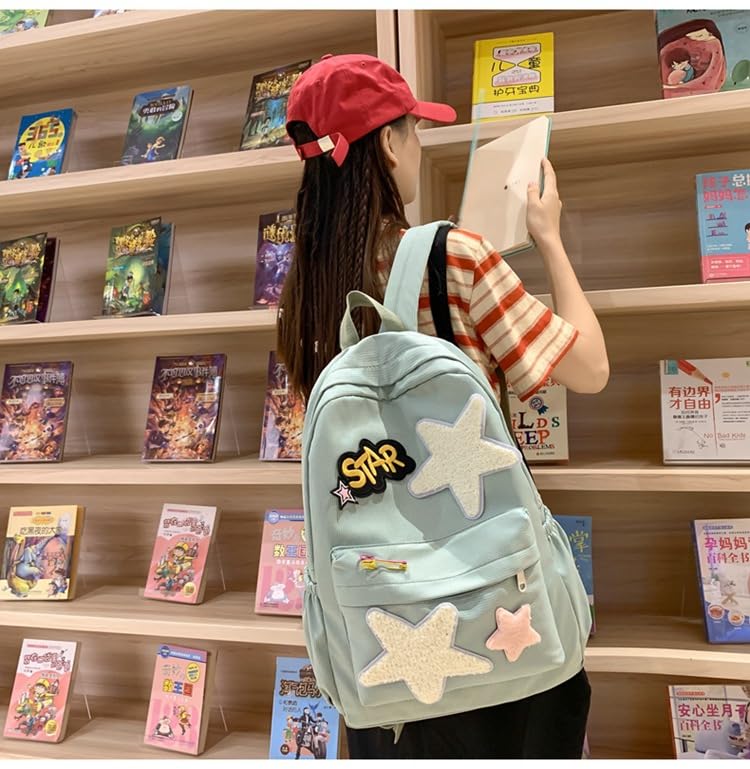 LELEBEAR Y2k Backpack for Women, Kawaii Star Backpack Aesthetic Backpack Casual Daypack for Hiking Travel (Green)