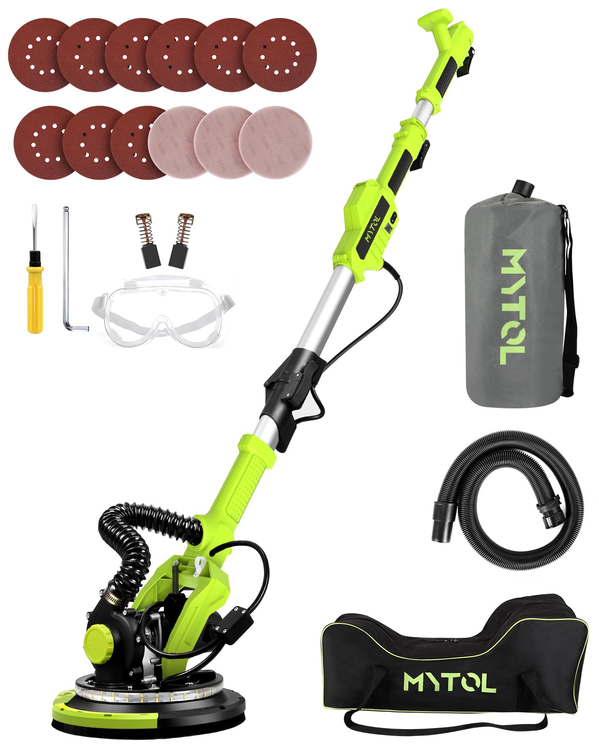 Drywall Sander, MYTOL 7.2A Electric Wall Sander with Vacuum Dust Collection, 6 Adjustable Speeds 900-1800RPM, LED Light, Extendable Handle, Foldable Electric Drywall Sanders 12Pcs Sanding discs-H21K3