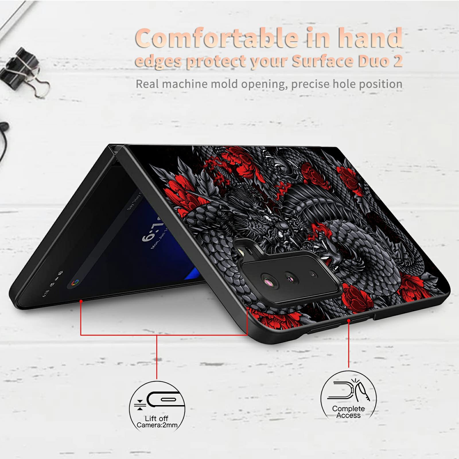 BWEGRHE Dragon Roses Designed for Microsoft Surface Duo 2 Case, Full Cover Ultra Thin PU Leather Back Hard PC Phone Case for Microsoft Surface Duo 2 2nd 2021