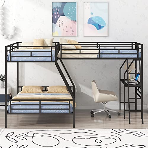 OPTOUGH Twin Over Full Bunk Bed with a Twin Size Loft Bed Attached, L-Shaped Triple Metal Bed for Three Kids with a Desk and 2 Ladders, Black