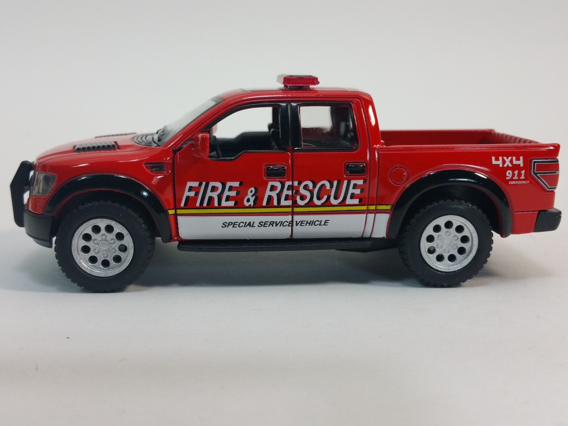 KiNSMART π¨ 2013 Ford F-150 SVT Raptor Supercrew Fire Rescue Edition 1:46 Scale 5inch Die Cast Metal Model Toy Rescue Fire Trucks