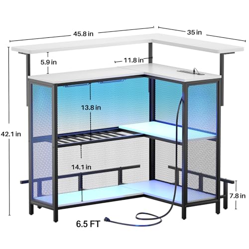Hyomdeck L Shaped Home Bar Unit with Power Outlet & LED Light, Corner Bar Cabinet with Footrest, Wine Bar Cabinet with Glass Holder and Liquor Rack, Bar Table for Dining Room, Kitchen, Basement, White