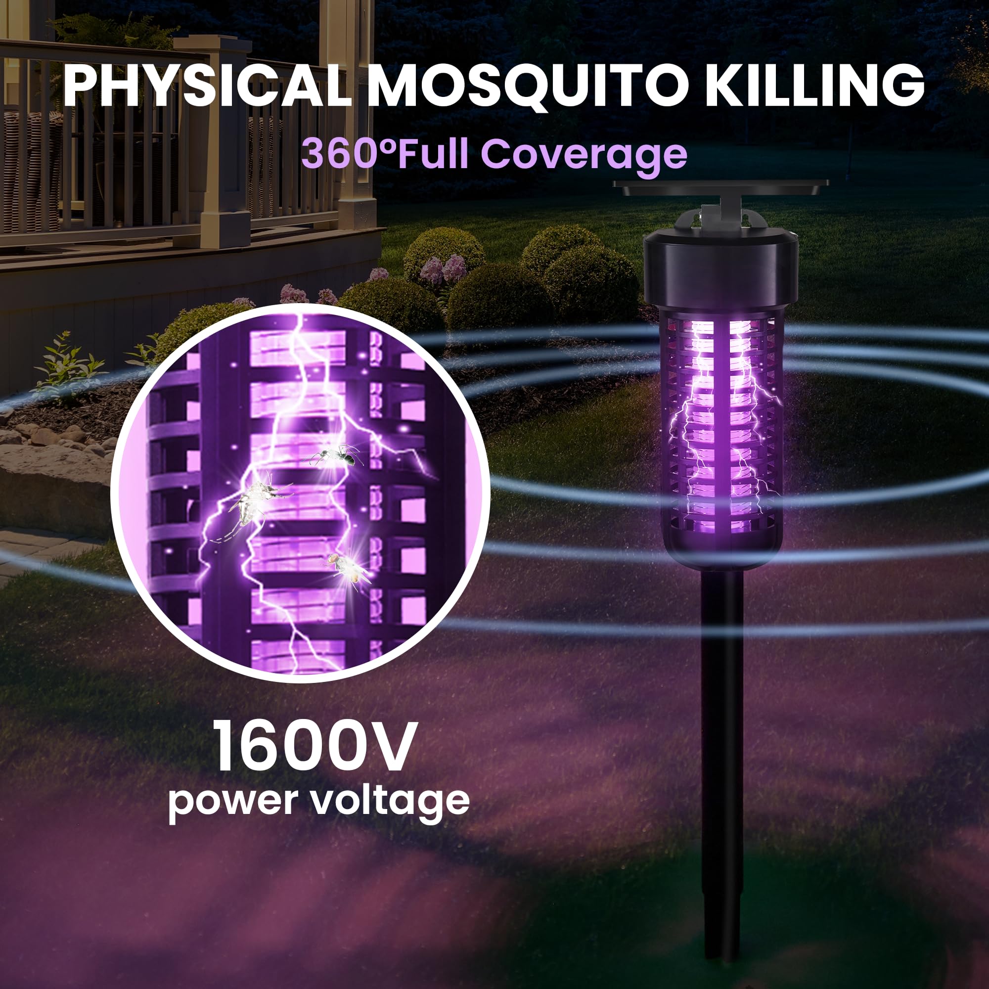 LiBa Solar Bug Zapper Outdoor, IP65 Waterproof Mosquito Insect Killer Lamp, 2-in-1 Cordless Fly Zapper Trap and Repellent, Mosquito Catcher Decor Light for Patio Garden Backyard, 1600V Powerful Grid