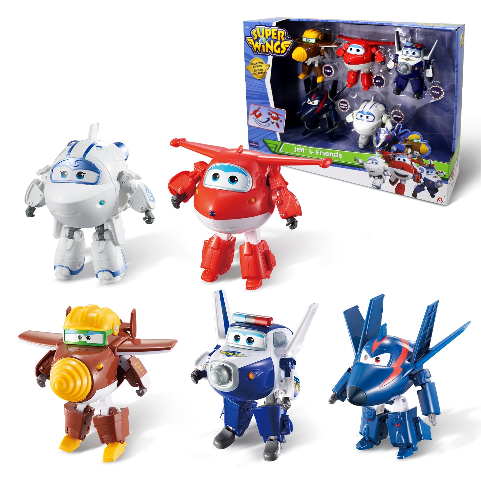 Super Wings - 5" Transforming 5-Pack Jett, Paul, Todd, Astra and Agent Chase | Airplane Toys Action Figures | Preschool Toy Plane for 3 4 5 Year Old Boys and Girls | Birthday Gifts for Kids , Red
