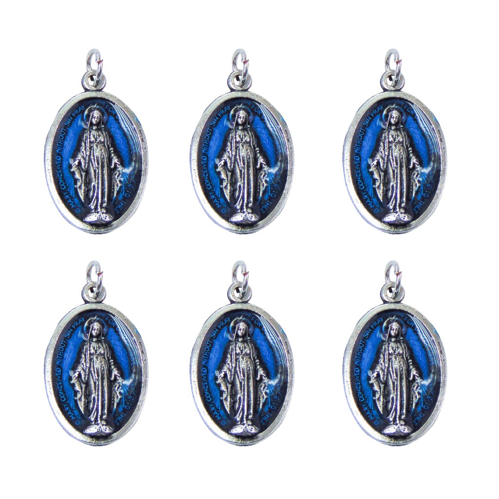 Catholica Shop Catholic Religious Wear Our Lady of Grace Oxidized Silver Medal Pendant with Blue Enamel - 0.59" Width x 1" Length - Lot of 6