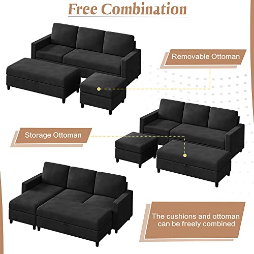 JAMFLY 79'' Sectional Sofa Couch with Storage Ottoman, Living Room Furniture Set Small Deep Convertible Sofa, L-Shaped Couch Wide Reversible Chaise with Linen Fabric (Charcoal Grey)