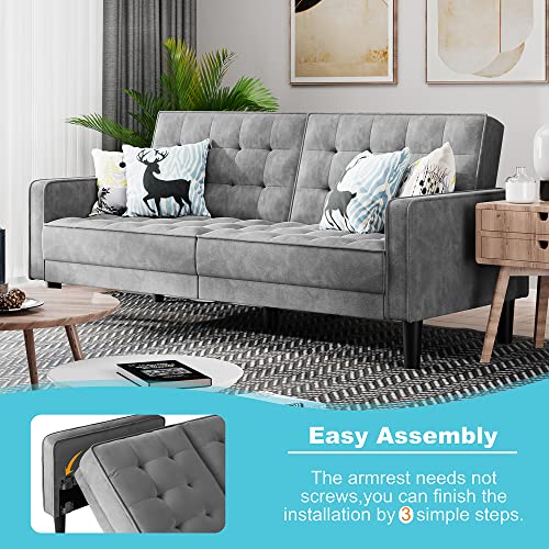 JAMFLY Velvet Futon Sofa Bed, Modern Loveseat Couch, Upholstered Sleeper Sofa, Convertible Couch for Living Room, Bedroom, Small Space(Dark Gray)