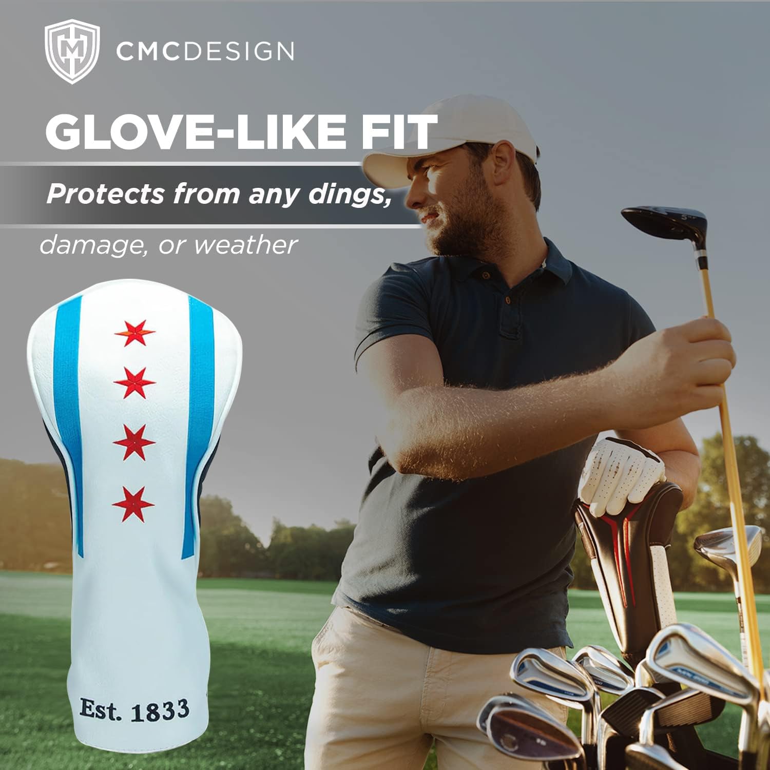 CMC Design Custom Chicago Flag Embroidered Golf Driver Head Cover - Glove Soft Lining - Design Elements Include Applique and Embossing - Great Fit for Any Club as Golf Head Covers, Wood Driver Cover