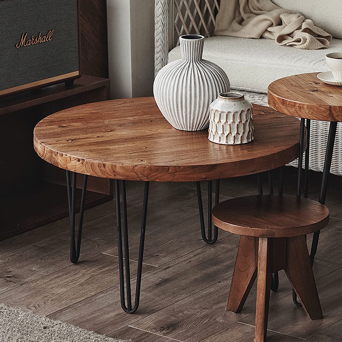 BOTALEGRE Rustic Round Old Elm Coffee Table Solid Wood coffee table for Living Room,27.25'' W x 27.25'' D x 16'' H