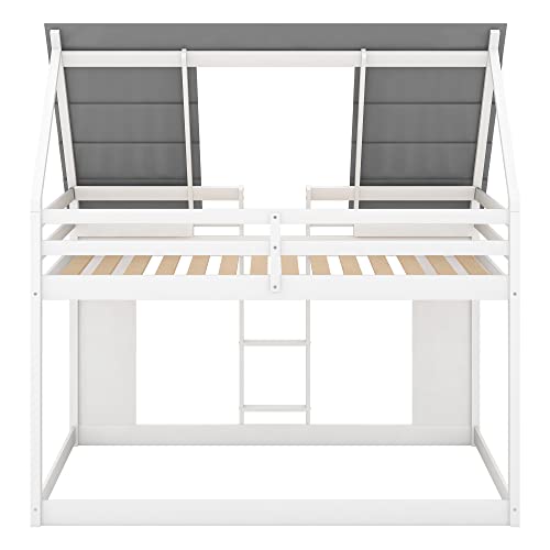 Harper & Bright Designs House Bunk Bed for Kids, Low Bunk Bed Twin Over Twin, Wood Toddler Bunk Beds Frame with Roof and Ladder for Girls Boys, White