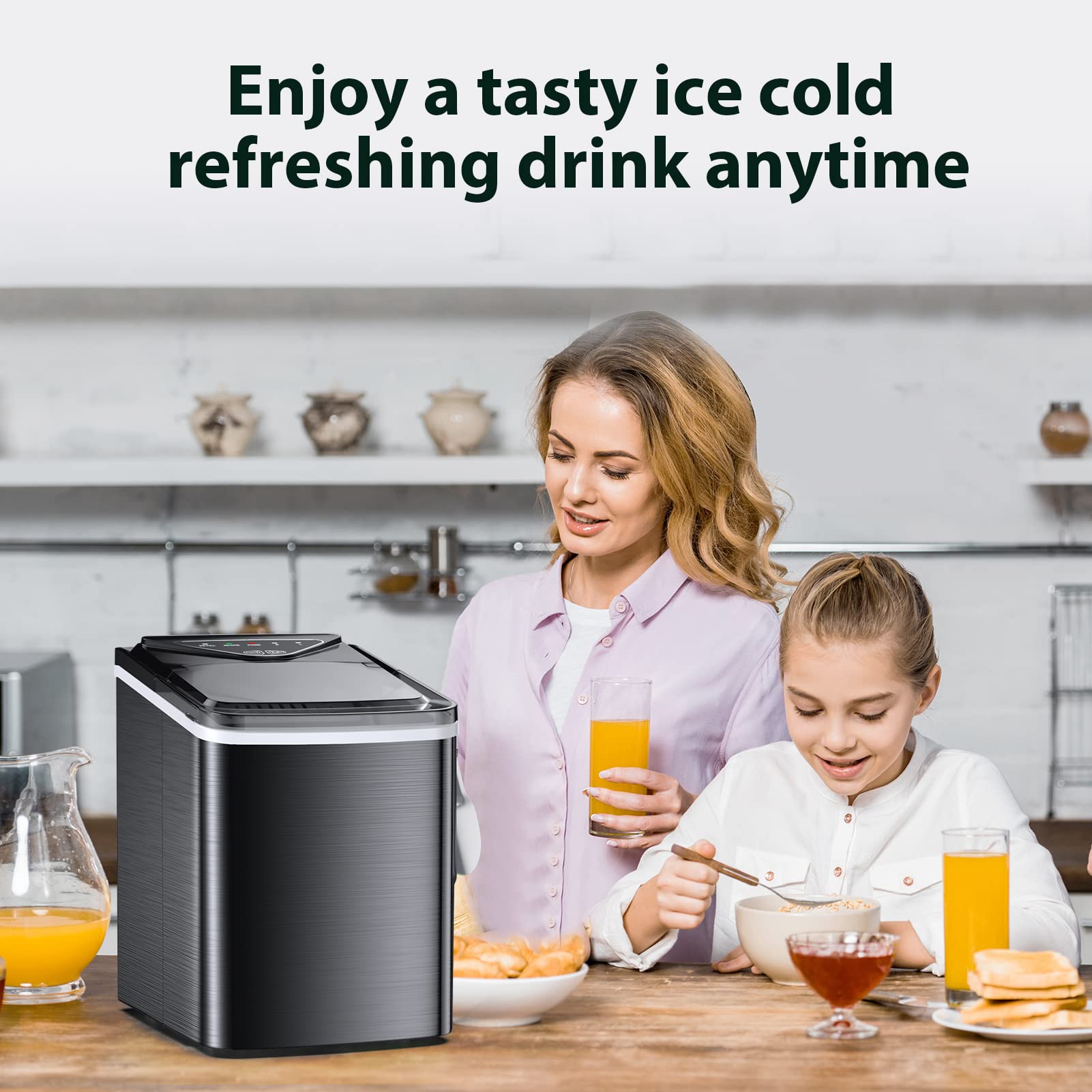 Ice Makers Countertop, Self-Cleaning Function, Portable Electric Ice Cube Maker Machine, 9 Ice Cubes Ready in 6 Mins, 26lbs 24Hrs with Ice Scoop and Basket for Home Kitchen Office, Stainless Steel