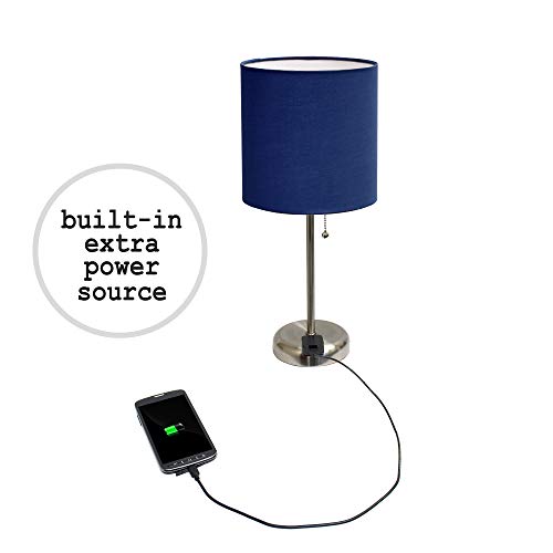 Limelights LT2024-NAV Brushed Steel Stick Table Desk Lamp with Charging Outlet and Drum Fabric Shade, Navy, 8.5 x 8.5 x 19.5