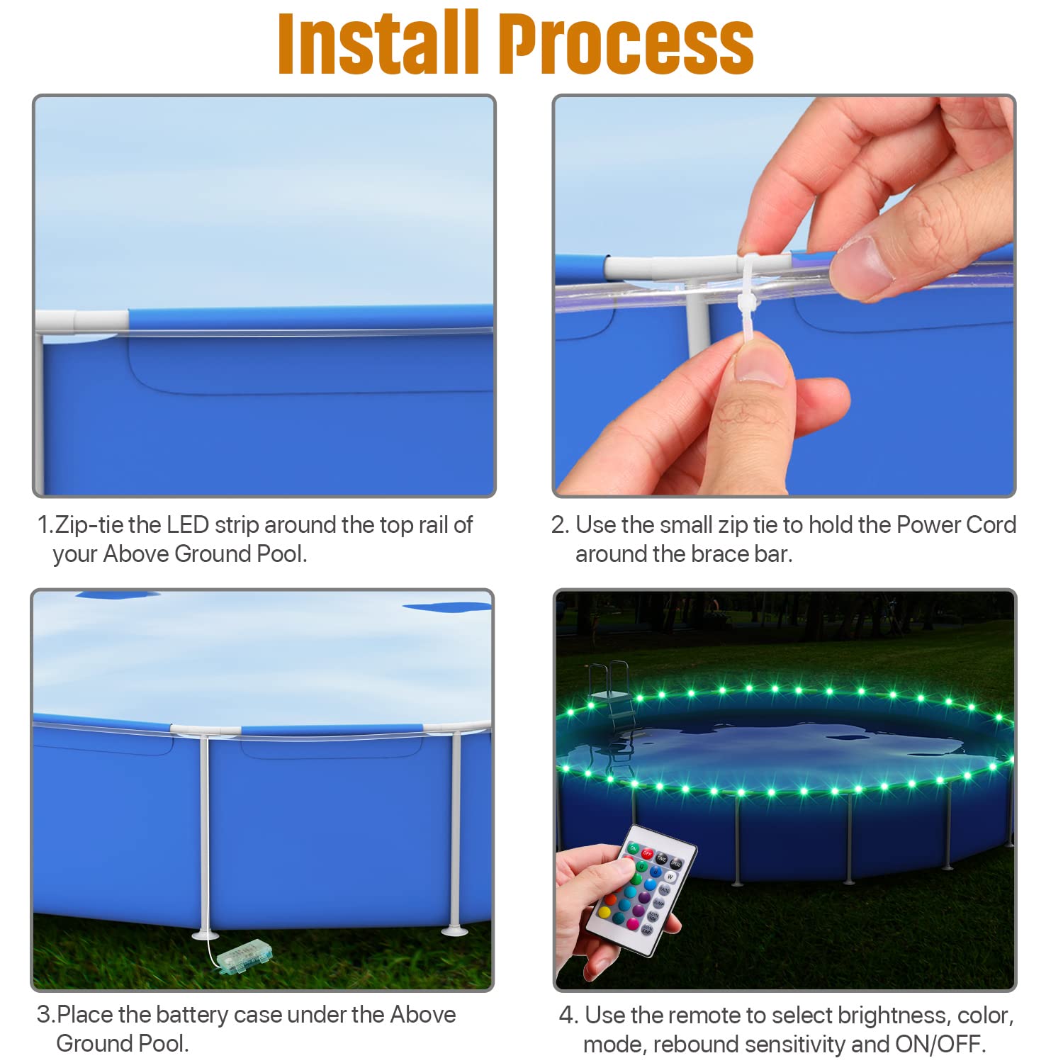 Eliteemo LED Pool Lights for Above Ground Pools, 15Ft Remote Control Submersible Rim Lights, C Battery Box, 16 Color Change by Yourself, Waterproof, Bright to Play at Night Outdoors
