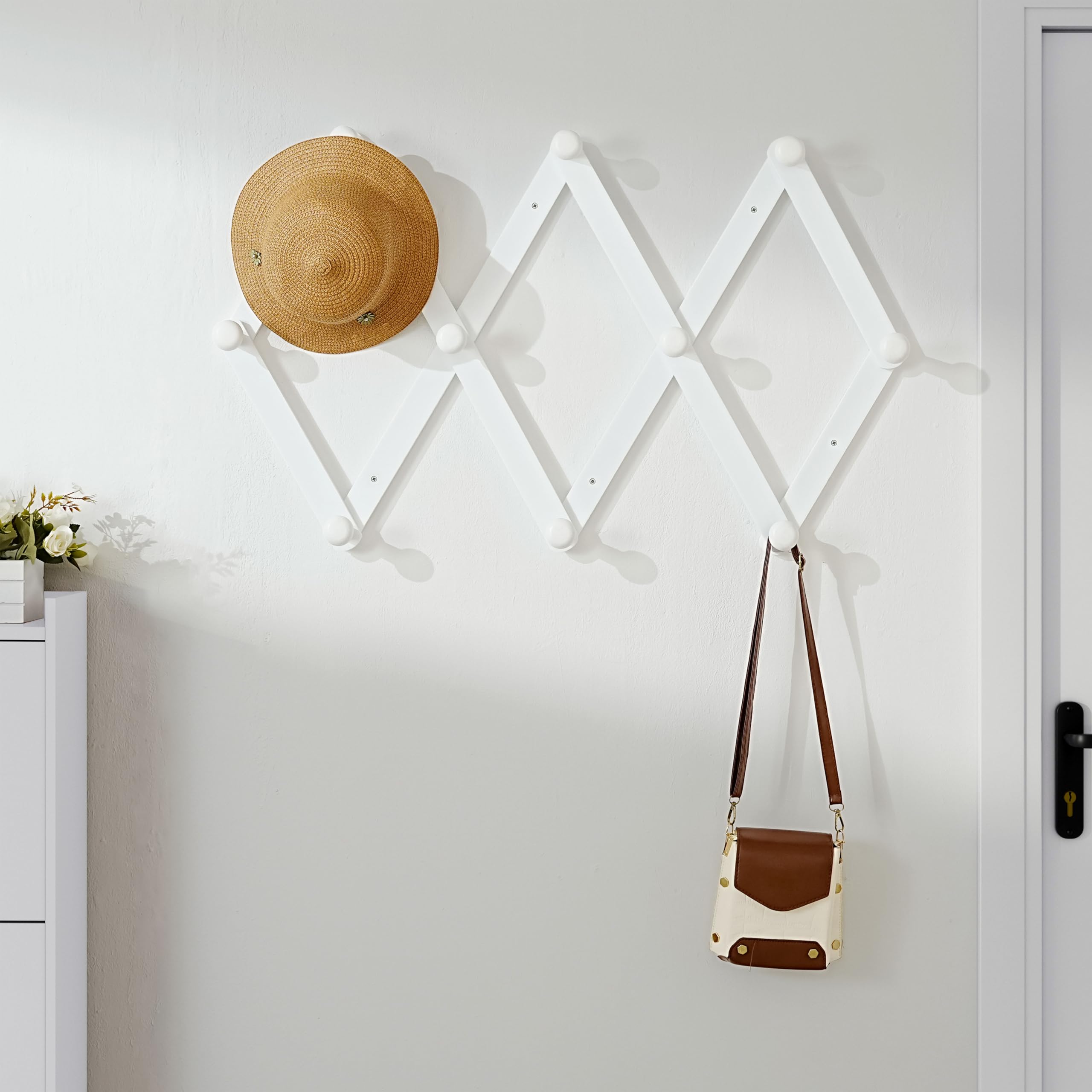 Dseap Expandable Coat Rack (Larger Version) - 24β High, Anti-Slip, Ultra Heavy Duty Wooden Accordian Wall Hanger with 10 Study Peg Hooks for Clothing Hats Jackets Bags, White
