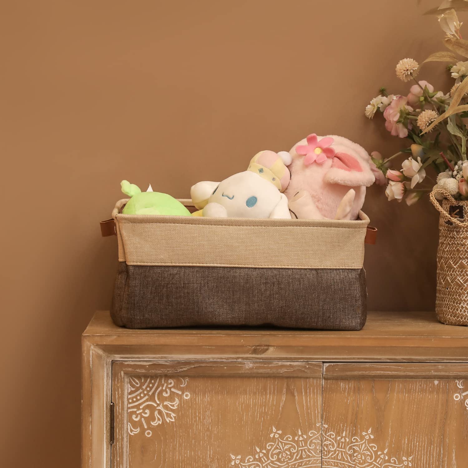 Large Storage Baskets for Organizing Shelves, Fabric Foldable Storage Bins Cubes with Handles Decorative Baskets Nursery Toy Closet Clothes Towel (Grey&Brown 15.7"x11.8"x7.8" - 3 Pack)