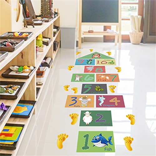 Hopscotch Game Wall Sticker Floor Decal, Cartoon Animal Digital Floor Wallpaper, Decoration for Baby Kids Room Nursery Kindergarten Classroom Playroom Decor Wall Decor (Hopscotch Game)