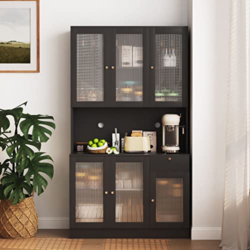 MIYZEAL Kitchen Pantry Storage Cabinet, 69'' Freestanding Pantry Cabinet with Cupboard and Microwave Stand, Modern Hutch Buffet Cabinet with 6-Doors and Drawer for Home Kitchen (Black)