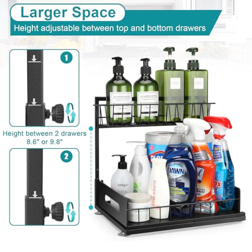 COYETH Under Sink Organizer, Height Adjustable Metal 2-Tier Pull Out Cabinet Organizer Under Kitchen Sink Organizer, L Shaped Slide Out Sink Shelf, Under Cabinet Storage for Kitchen Bathroom