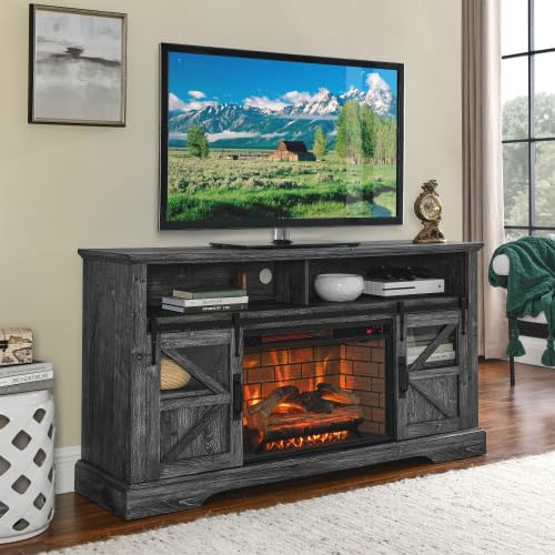 Electric Fireplace 60 Inch Electric Fireplace with Door Sensor Entertainment Center - Dark Country Oak