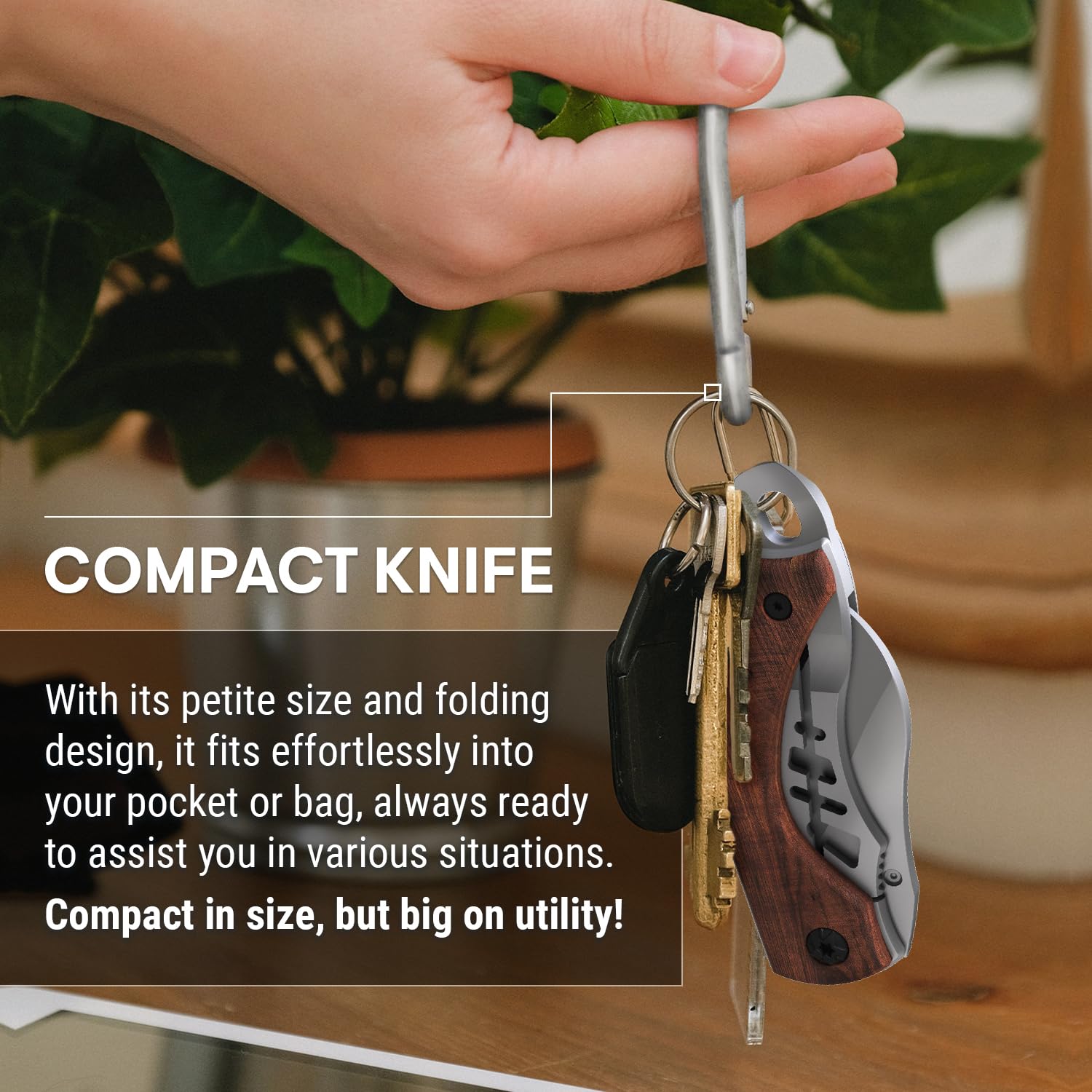 Small Pocket Knife for Men - 5.7ββ Keychain Knife with Bottle Opener - Box Cutter - Wood Handle - Liner Lock - Legal Mini EDC Folding Knife - Cool Sharp Tiny Knives - Gift for Everyone 6779N