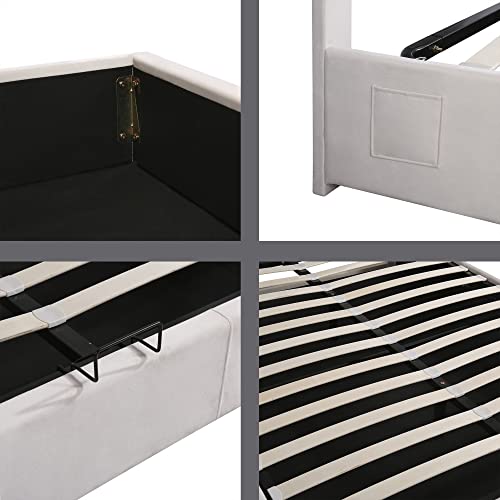 Harper & Bright Designs Upholstered Full Platform Bed with LED Headboard, Bluetooth Player and USB Charging, Velvet Fabric Full Size Bed with Lift Up Storage, No Box Spring Needed (Beige)