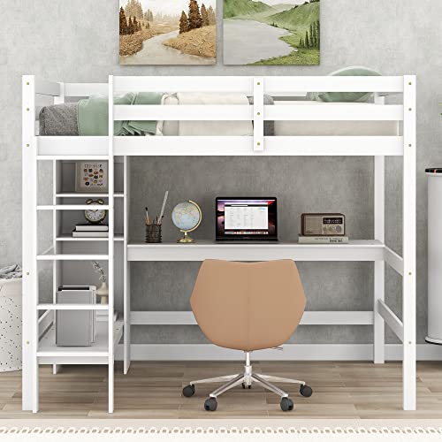 Harper & Bright Designs Full Size Loft Bed with Desk and Storage Shelves, Solid Wood Loft Bed Frame for Kids Teens Adults (Full Size, White)