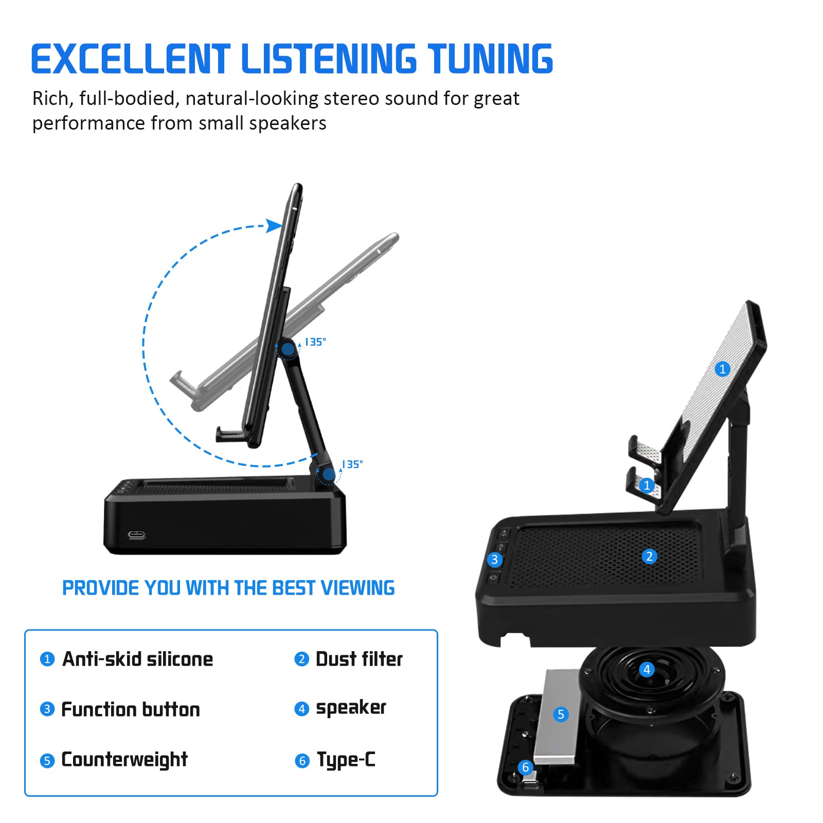 Cell Phone Stand with Wireless Bluetooth Speaker Compatible for iPhone/Samsung/iPad Tablet, Anti-Slip Design Phone Stand with HD Surround Sound Bluetooth Speaker for Home,Office,Outdoor etc.(White)