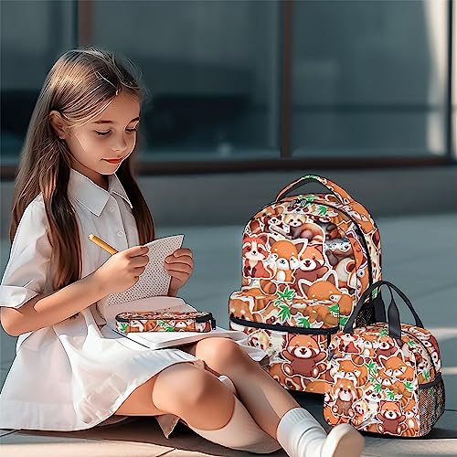 CUSPCOD Red Panda Backpack with Lunch Box and Pencil Case for Girls Boys, 16 Inch School Bookbag with Adjustable Straps, Travel Bag Durable, Lightweight, Large Capacity