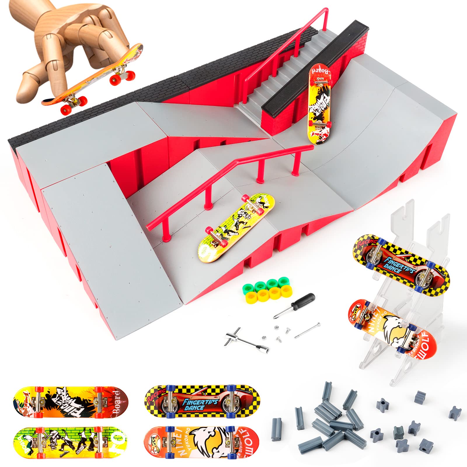 EPOGG Finger Skateboard Ramp Set Fingerboard Ramps Skate Park Kit for Training, Multiple Assembly Fingerboard Skatepark Ramps Kit with 4 Finger Skateboards & 1 Display Holder (B)
