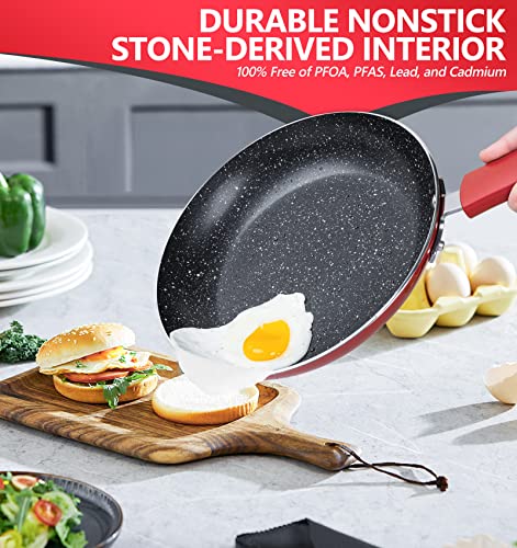 MICHELANGELO Pots and Pans Set Nonstick, 15 Pcs Kitchen Cookware Sets with Porcelain Enamel Exterior and Nonstick Granite-derived Coating, Enamel Cookware Set with 5 Utensils - Red