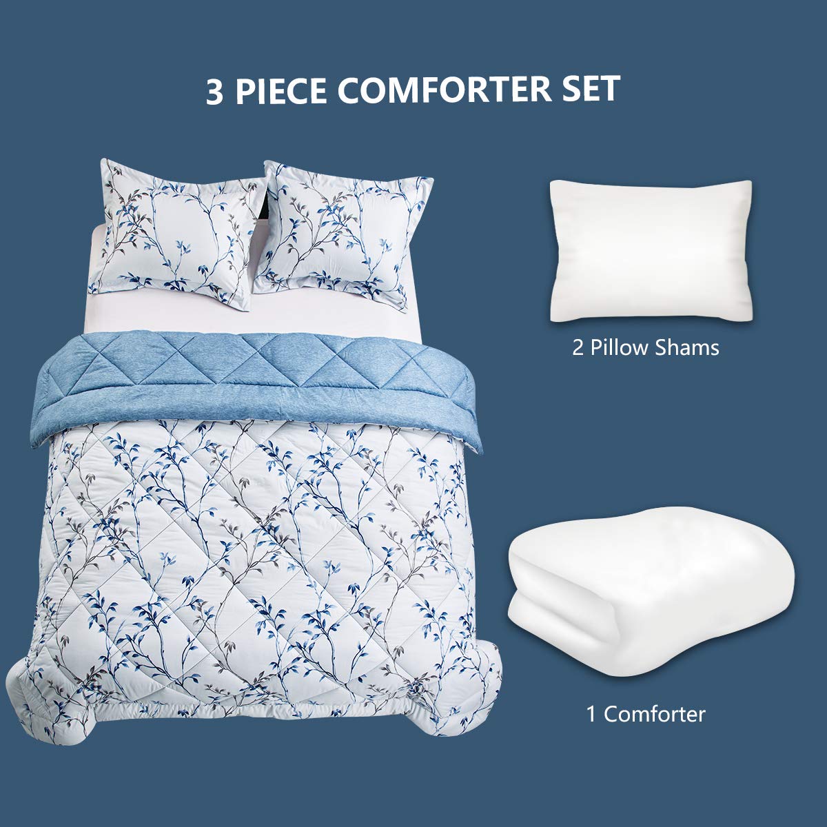 CozyLux Queen/Full 3 Pieces Printed Comforter Set with Orchid Floral Pattern Lightweight Soft Down Alternative Duvet Insert - Fluffy Microfiber Bed Set for All Season, Blue Flower