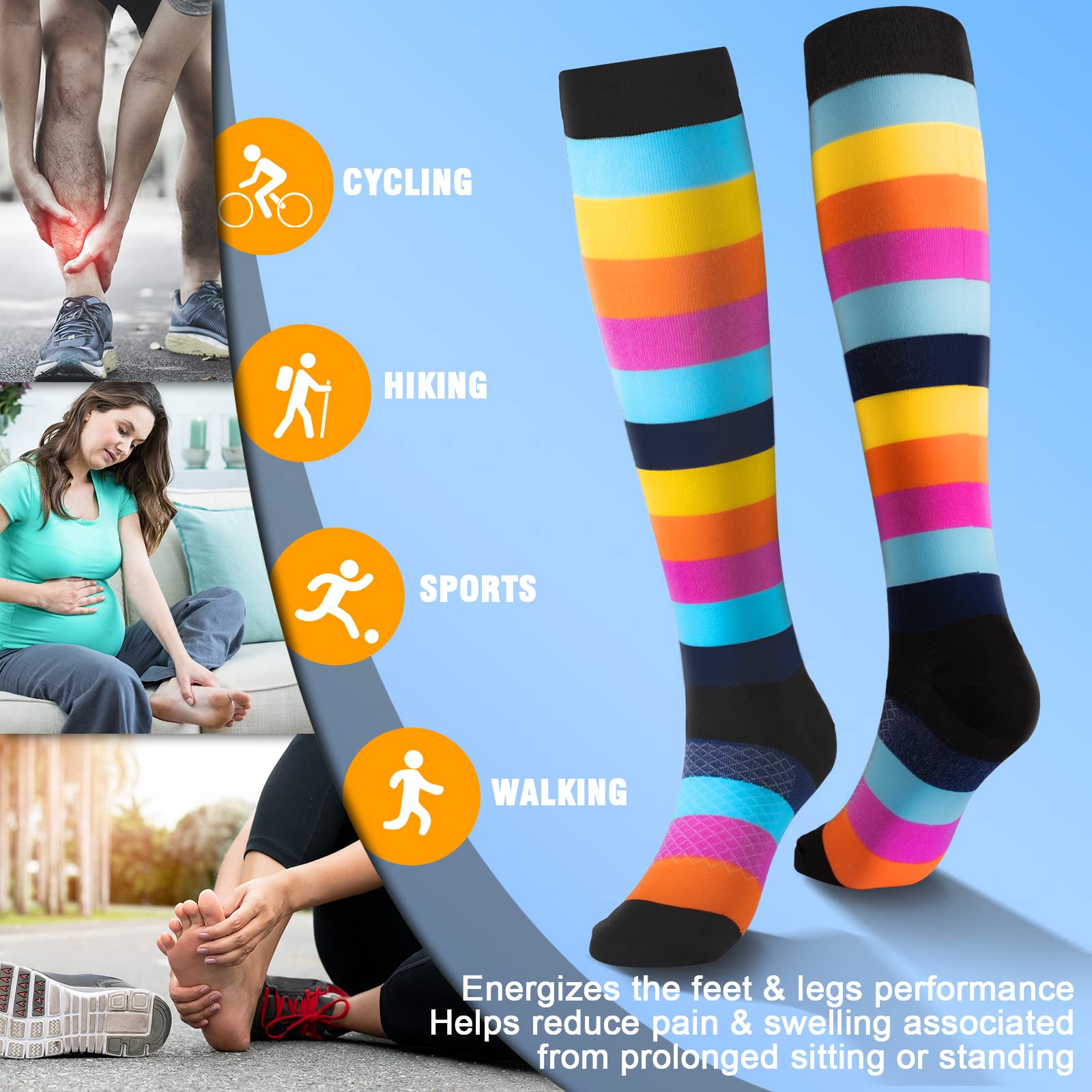 cerpite Compression Socks for Women & Men 6 Pairs Knee High Compression Socks 20-30 mmhg Best for Running,Nurse,Travel