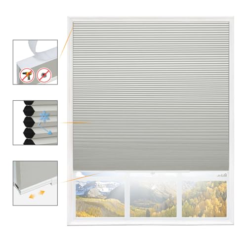 CINONEKO No Tools No Drill Blackout Cellular Shades【Trimmable Retractable Adjustable】 Sliding Panel Track Vertical Honeycomb Blinds Noise Cancelling Thermal Insulated Waterproof Lift Trim Gray 39x64