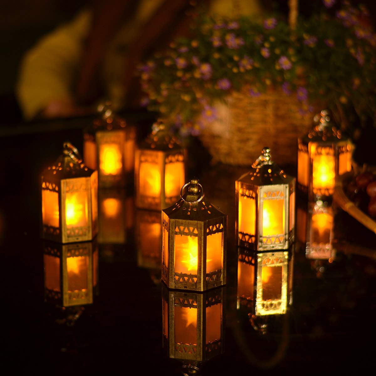 Mini Star Lantern with Flickering LED,Battery Included,Decorative Hanging Lantern,Christmas Decorative Lantern,Indoor Candle Lantern,Battery Lantern Indoor Use,Zkee(Set of 6 Copper Brushed)