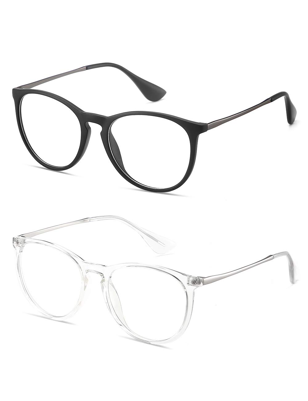 CNLO 2 Pack Blue Light Blocking Glasses,Retro Round Eyeglasses,Computer Glasses,Anti Eyestrain,Men/Women (Sand Black/Crystal)