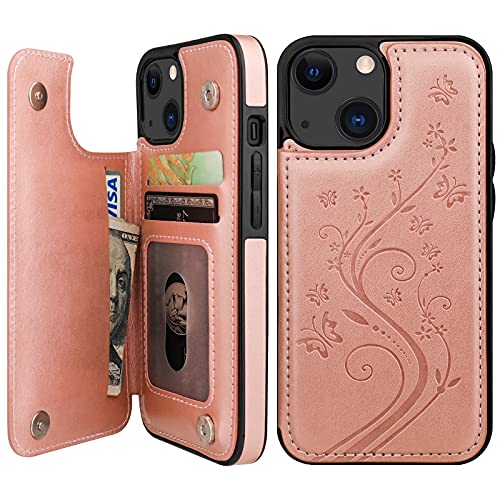 Vaburs Compatible with iPhone 13 Case Wallet with Card Holder, Embossed Butterfly Pattern PU Leather Double Buttons Flip Shockproof Protective Cover for Magnetic Car Mount 6.1 Inch (Rose Gold)