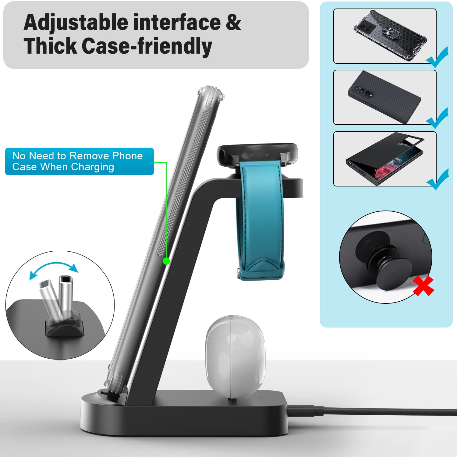 Charging Station for Samsung Multiple Devices,3 in 1 Fast Charging Stand USB-C Charger for Galaxy Watch 5/5 Pro/4/3/Active,Galaxy S23/S22/S21/S20/S10/Note20/Note10/Z Flip 4/Z Fold 4/Galaxy Buds