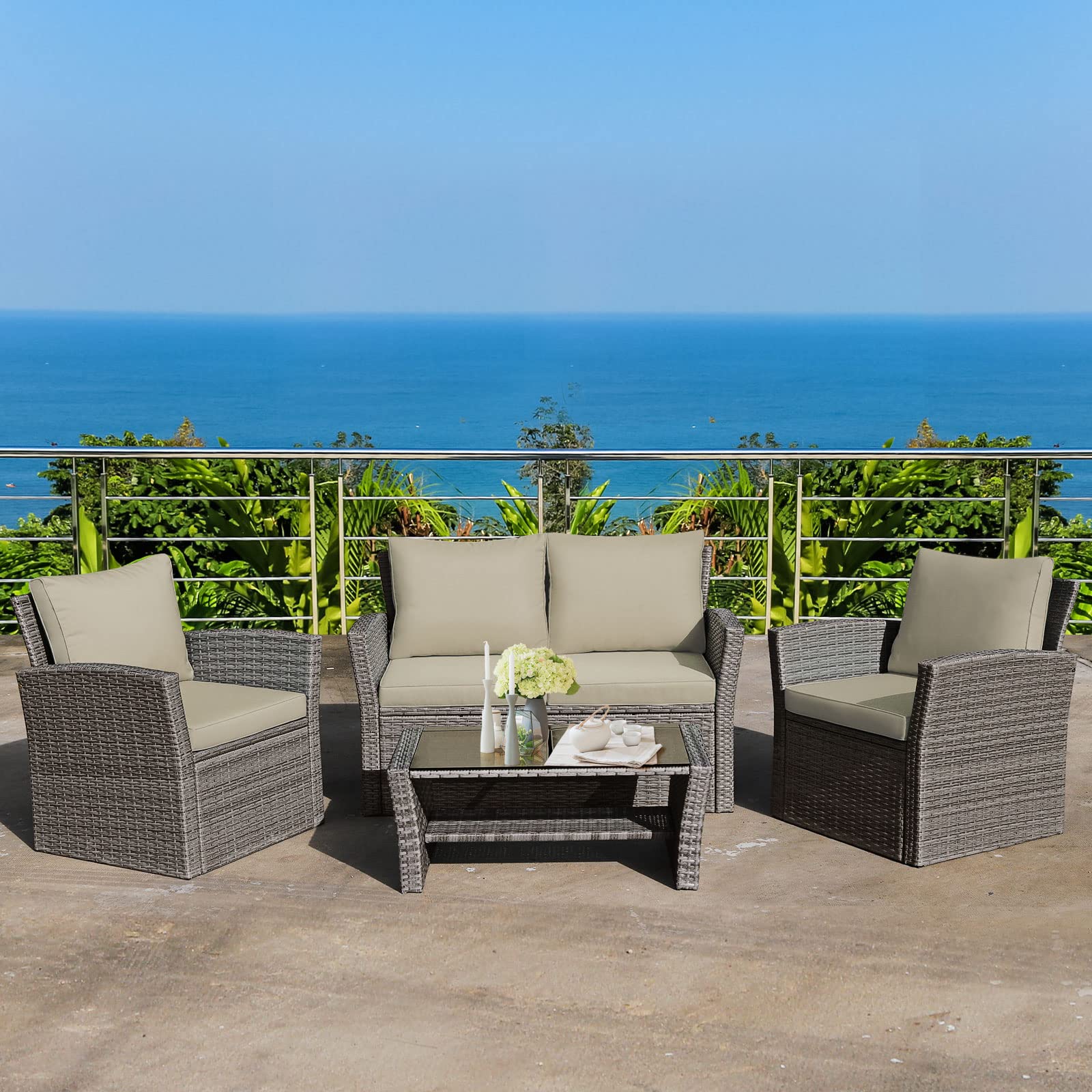 Tangkula 4 Pieces Patio Furniture Set, All Weather Outdoor Sectional Rattan Sofa Set with Cushions & Tempered Glass Table, Wicker Conversation Couch Set for Backyard Garden Poolside