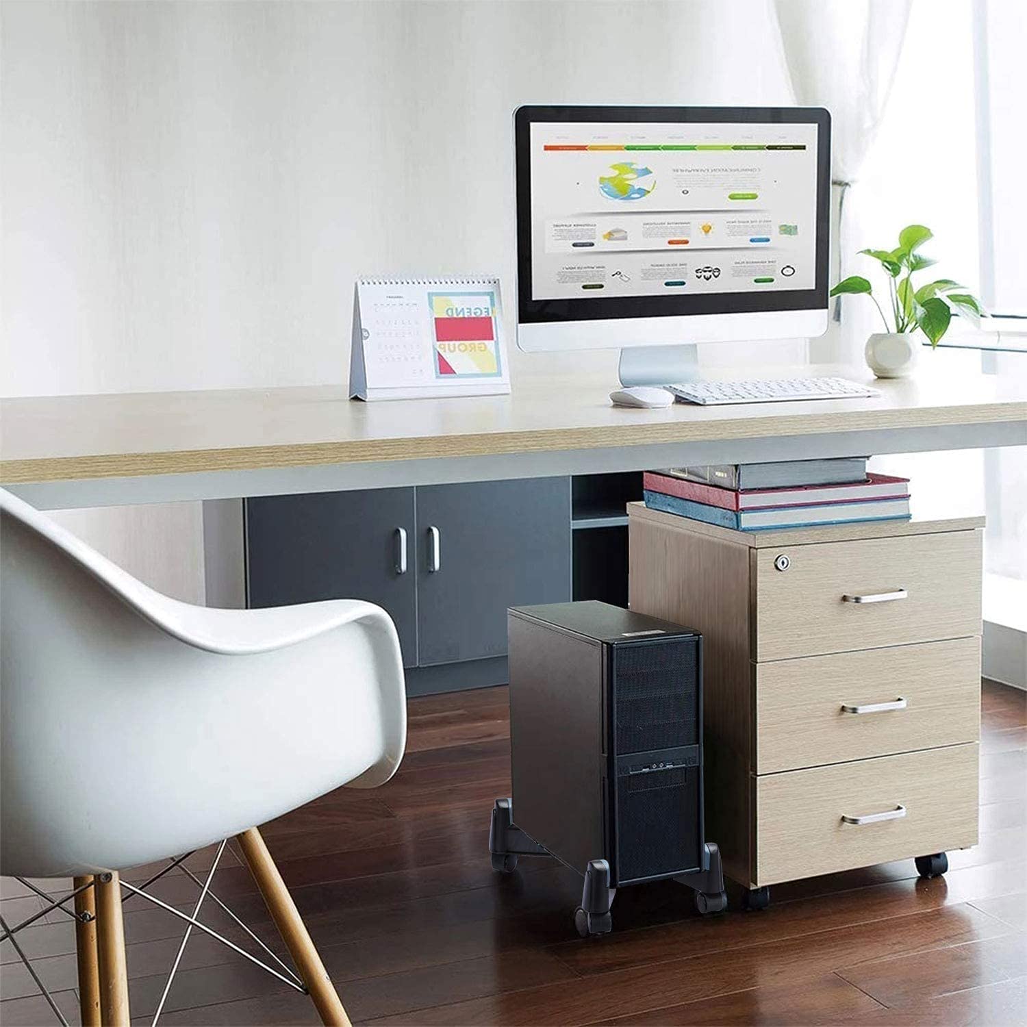 Computer Tower Stand, HUANUO CPU Holder Desktop Stand Desktop ATX-Case Mobile Cart Holder Adjustable Width with 4 Caster Wheels, Fits Most Computer Cases Under Desk, Black