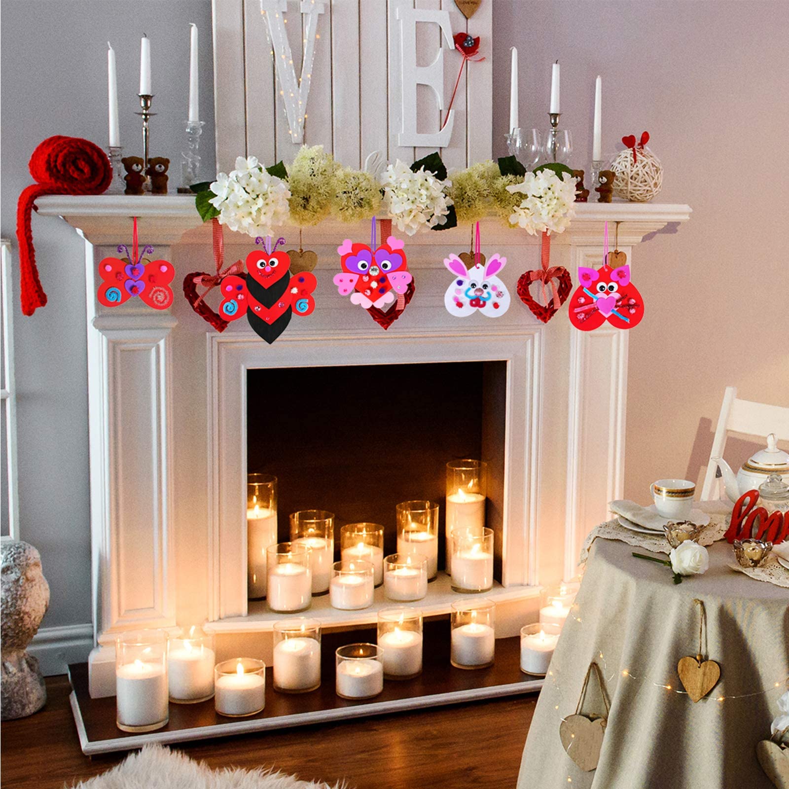 Winlyn 24 Sets Valentine's Day Craft Kits Foam Hearts to Animal Shape Ornaments Sets DIY Heart Dog Cat Owl Fish Butterfly Bee llama Bunny Decorations for Kids Valentine Spring Party Art Activity