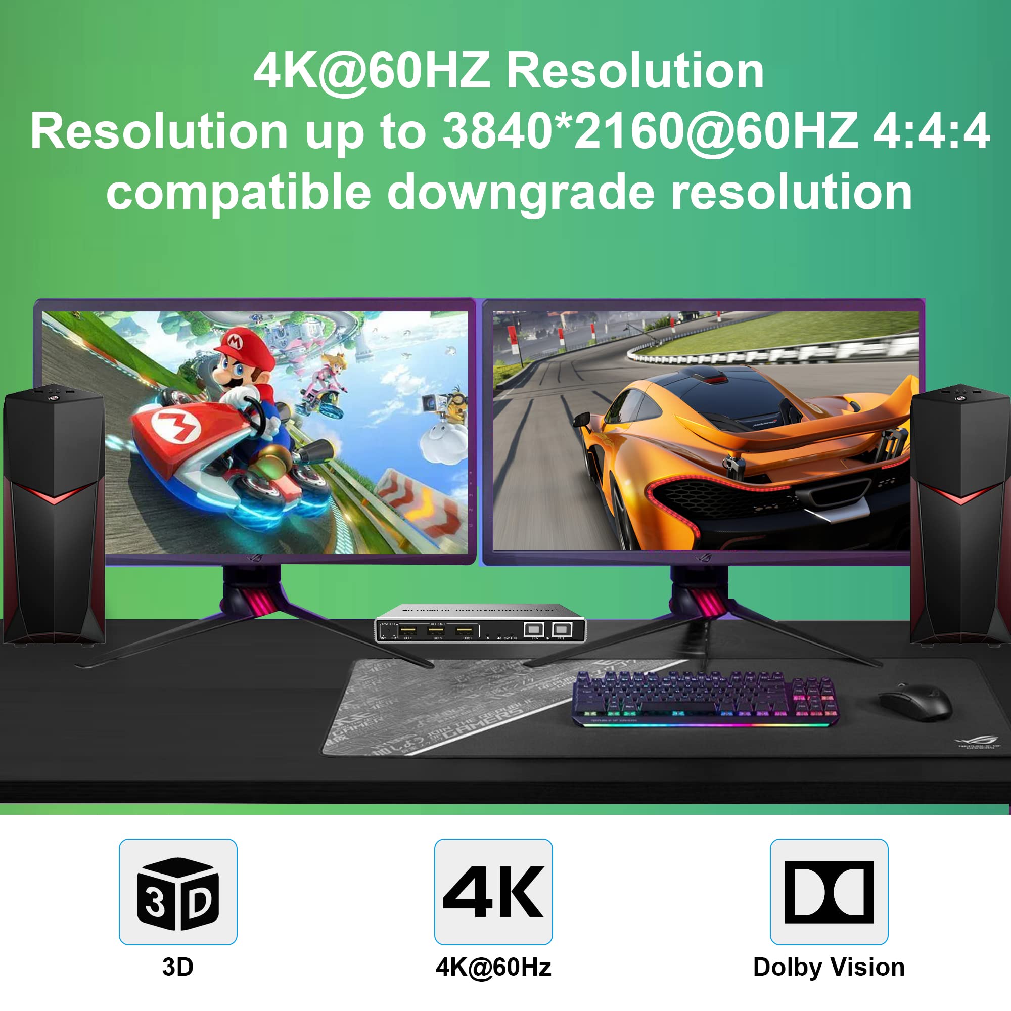 Dual Monitor KVM Switch HDMI 2 Port, 4K@60Hz Extended Display 2 Monitors 2 Computers KVM Switch with 3 USB Ports and Audio Microphone Output, PC Monitor Keyboard Mouse Printer Switcher