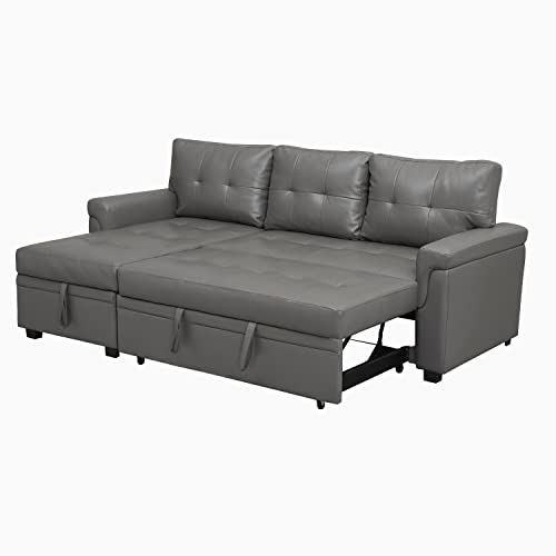 Naomi Home Laura Sectional Sleeper Sofa with Pull Out Bed, Reversible Sleeper Sectional Sofa Bed, Best Sleeper Sofa Couch with 168L Storage, L-Shape Pull Out Couch Bed Sleeper Sofa β Air Leather/Gray